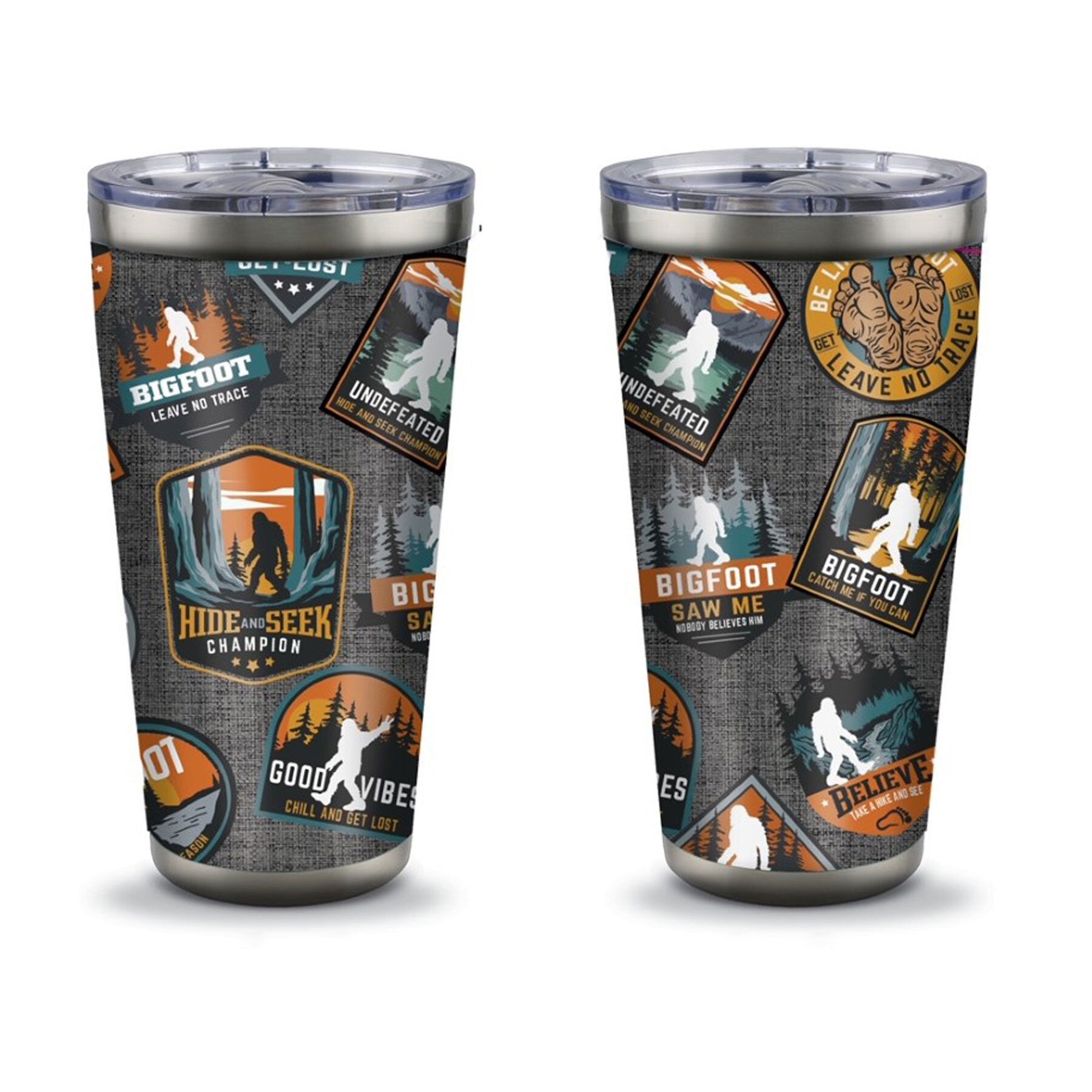 Bigfoot patches stainless travel mug | Sasquatch Outpost